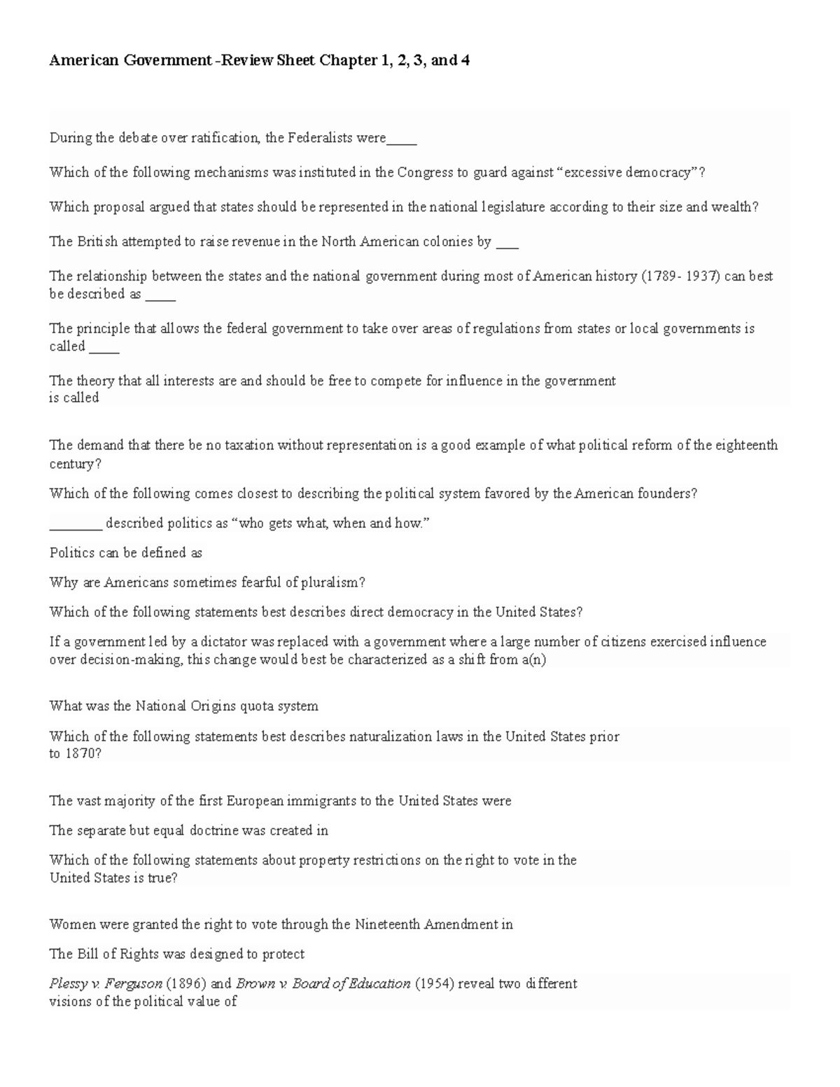 American Government Review Sheet Chapter 1-4 - ” Politics can be ...