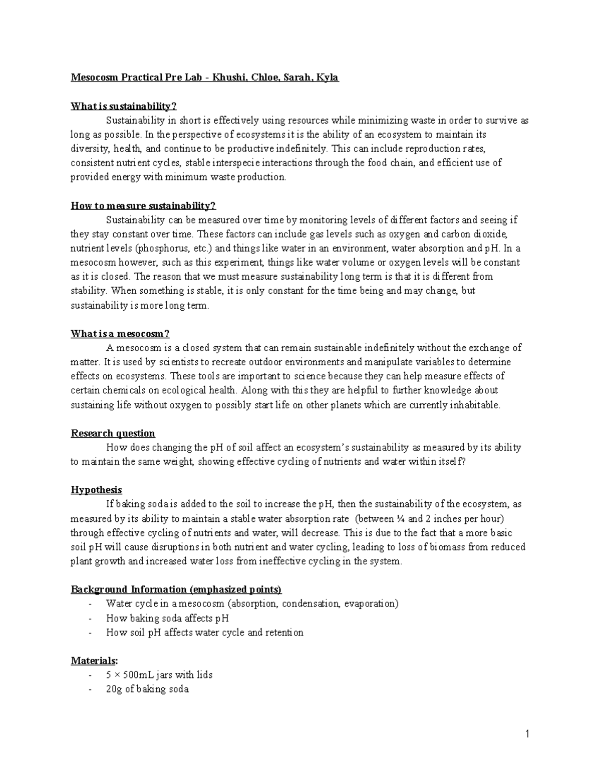 Mesocosm Pre Lab - lab work - Mesocosm Practical Pre Lab - Khushi ...