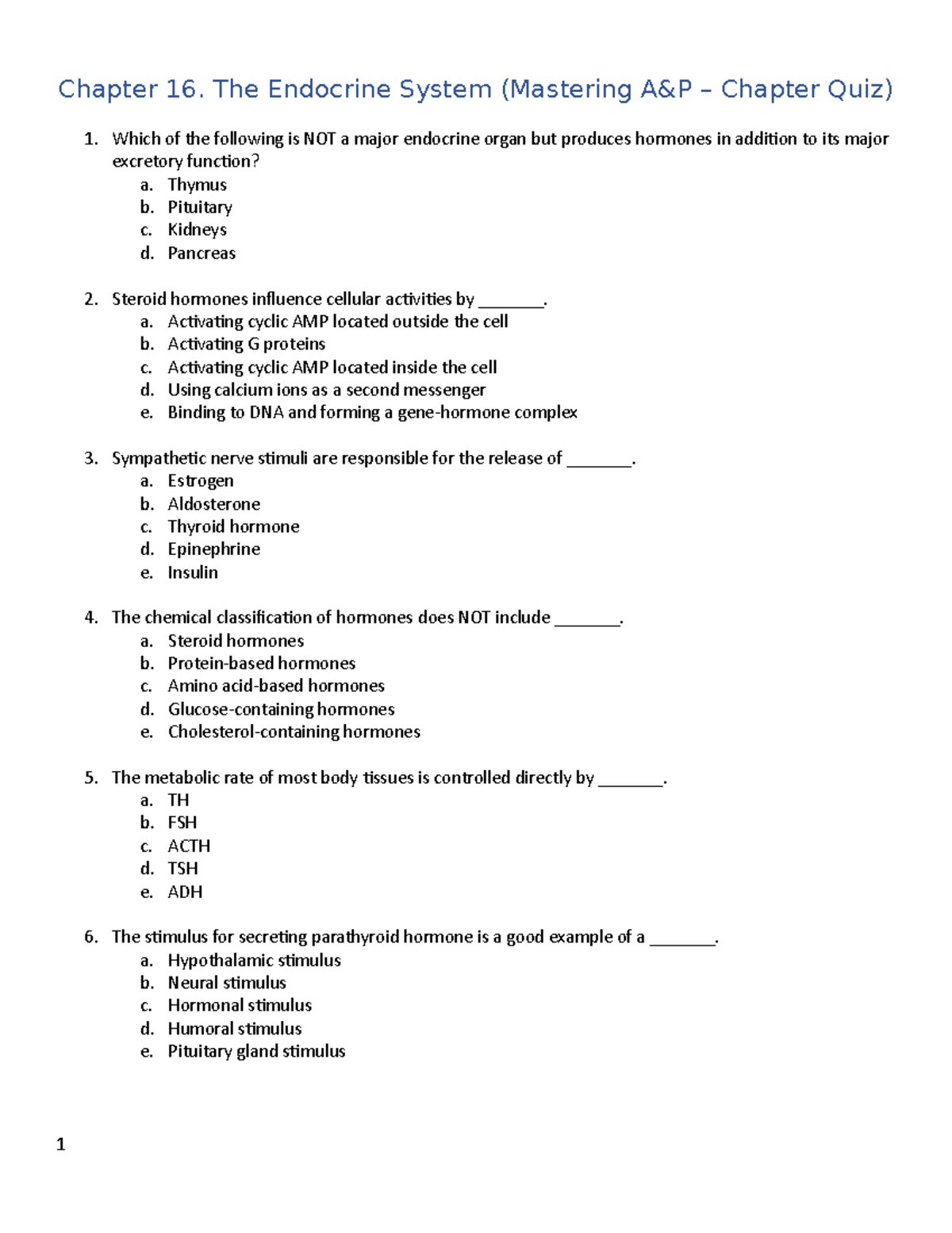 Chapter 16. Chapter Quiz (Pearson) - Chapter 16. The Endocrine System ...