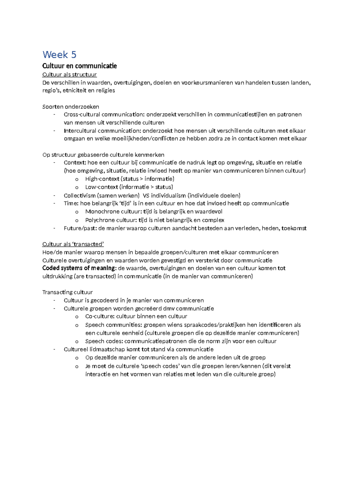inleiding media & communicatie week 5 - Week 5 Cultuur en communicatie ...