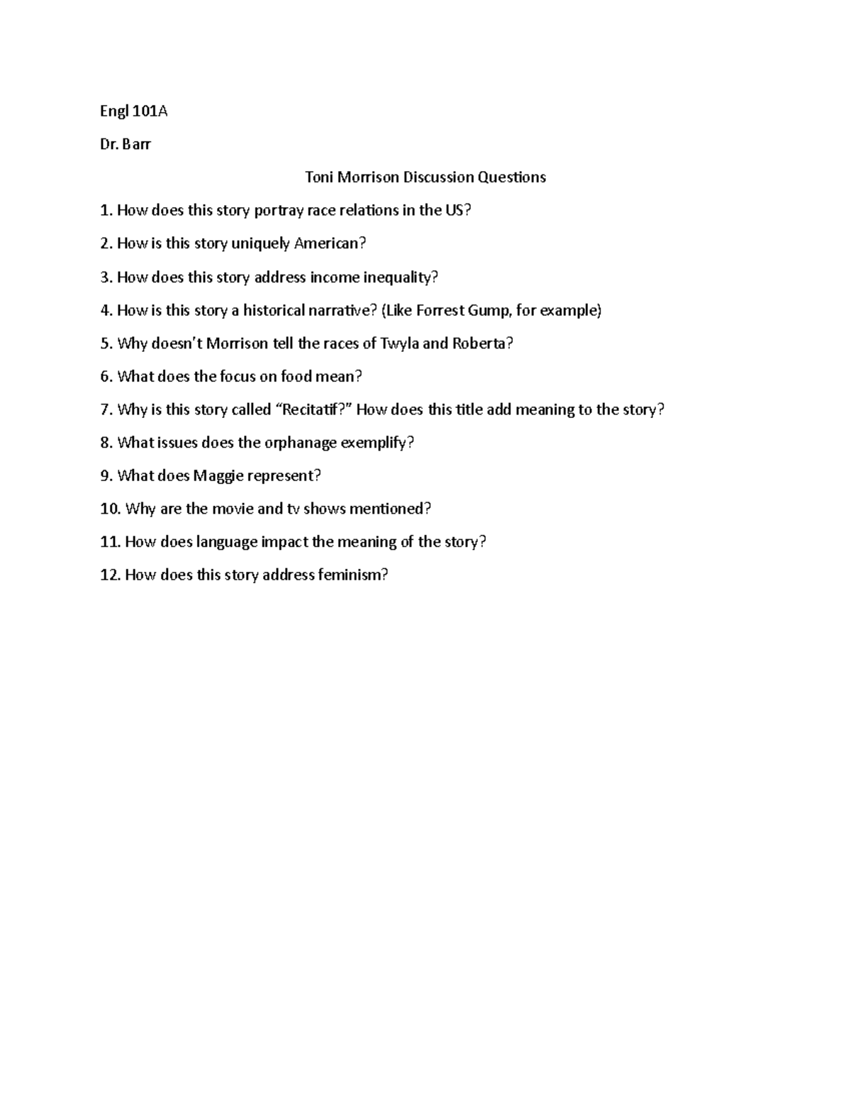 Toni Morrison Discussion Questions - Engl 101A Dr. Barr Toni Morrison ...