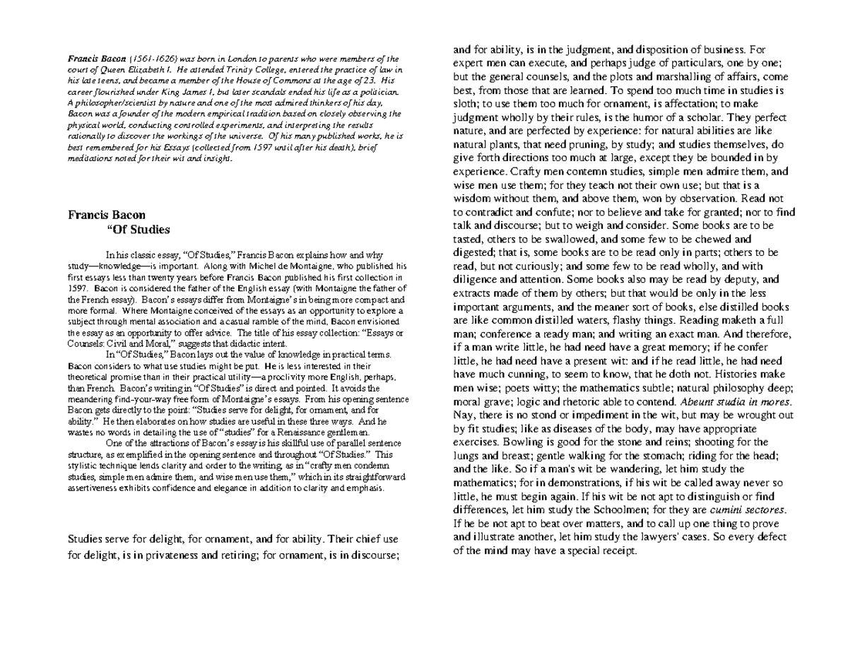Bacon Of Studies - Original text - Francis Bacon (1561-1626) was born ...
