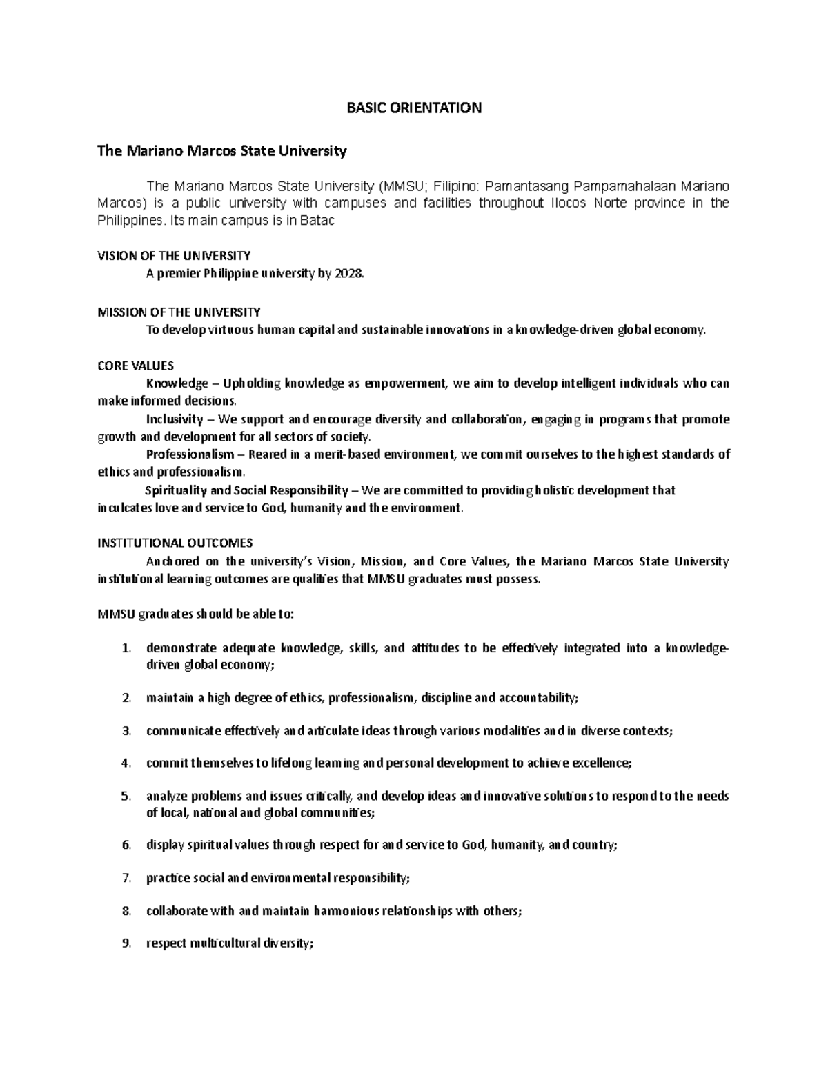 1.0 Basic Orientation - BASIC ORIENTATION The Mariano Marcos State ...