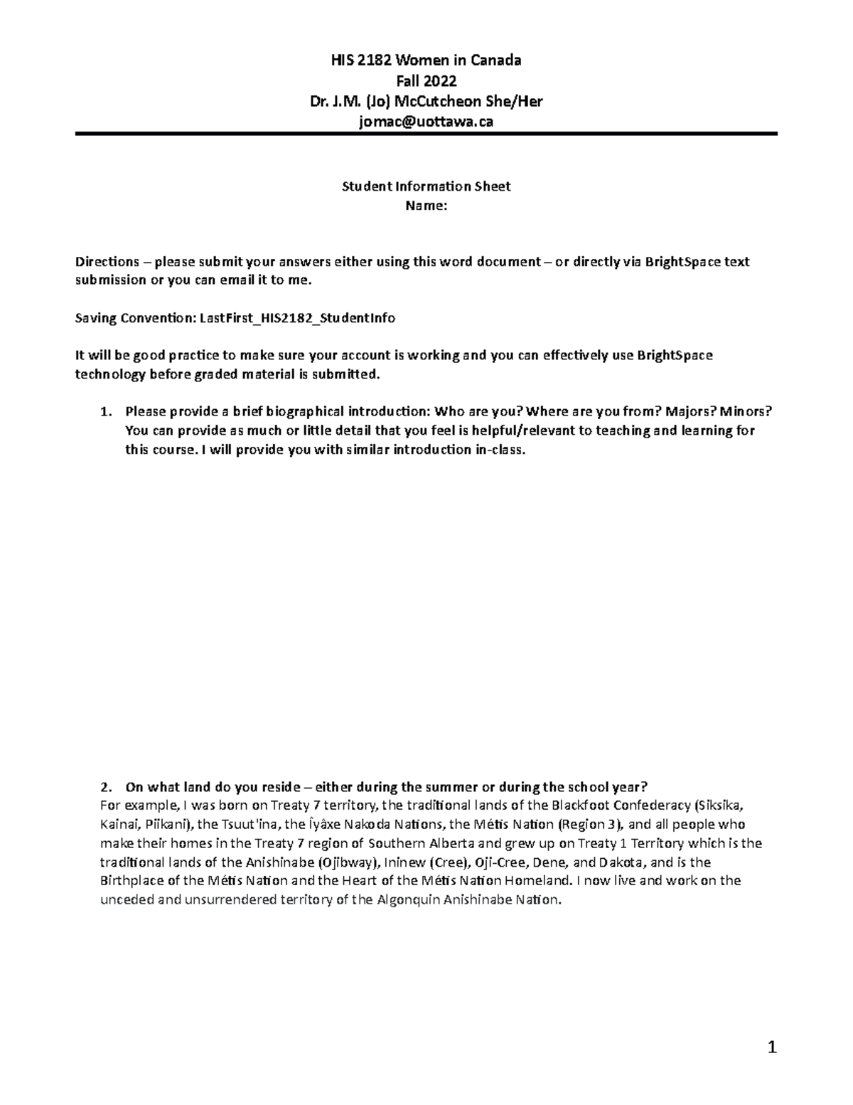 2022 HIS 2182 Student Information Sheet - HIS 2182 Women in Canada Fall ...