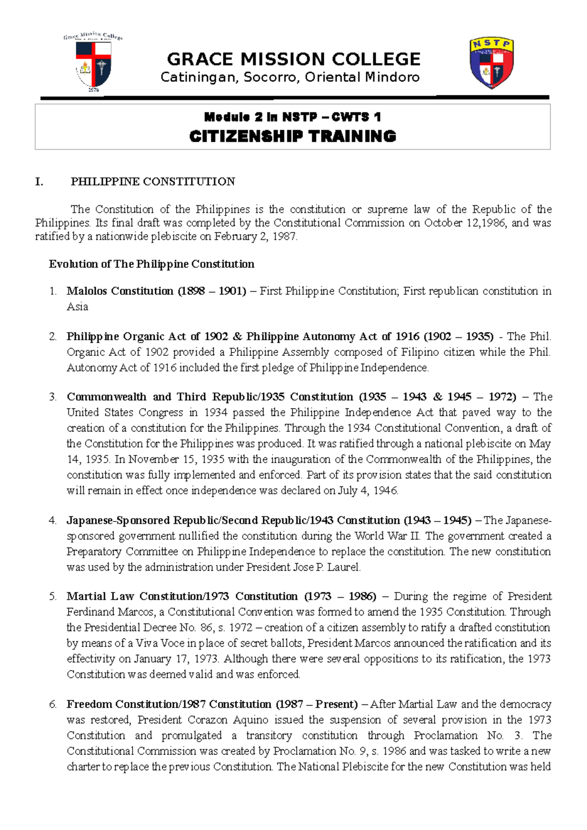 NSTP 111 Module 2 - nstp - GRACE MISSION COLLEGE Catiningan, Socorro ...