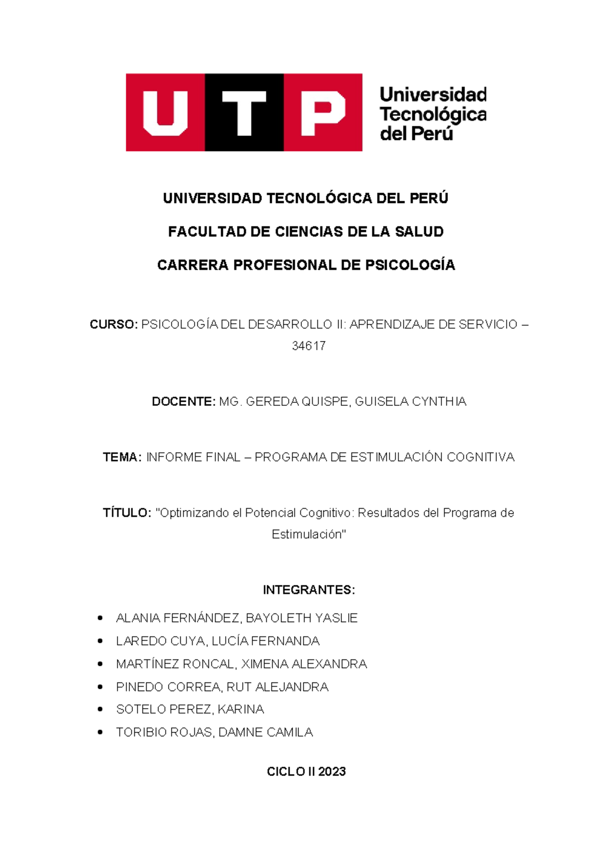 Psdii-Informe Final-Grupo 2 - UNIVERSIDAD TECNOLÓGICA DEL PERÚ FACULTAD ...