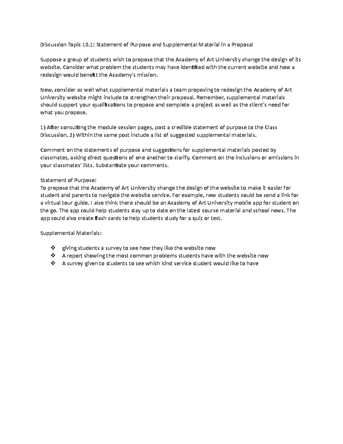 Discussion Topic 10.1 Statement of Purpose and Supplemental Material in ...