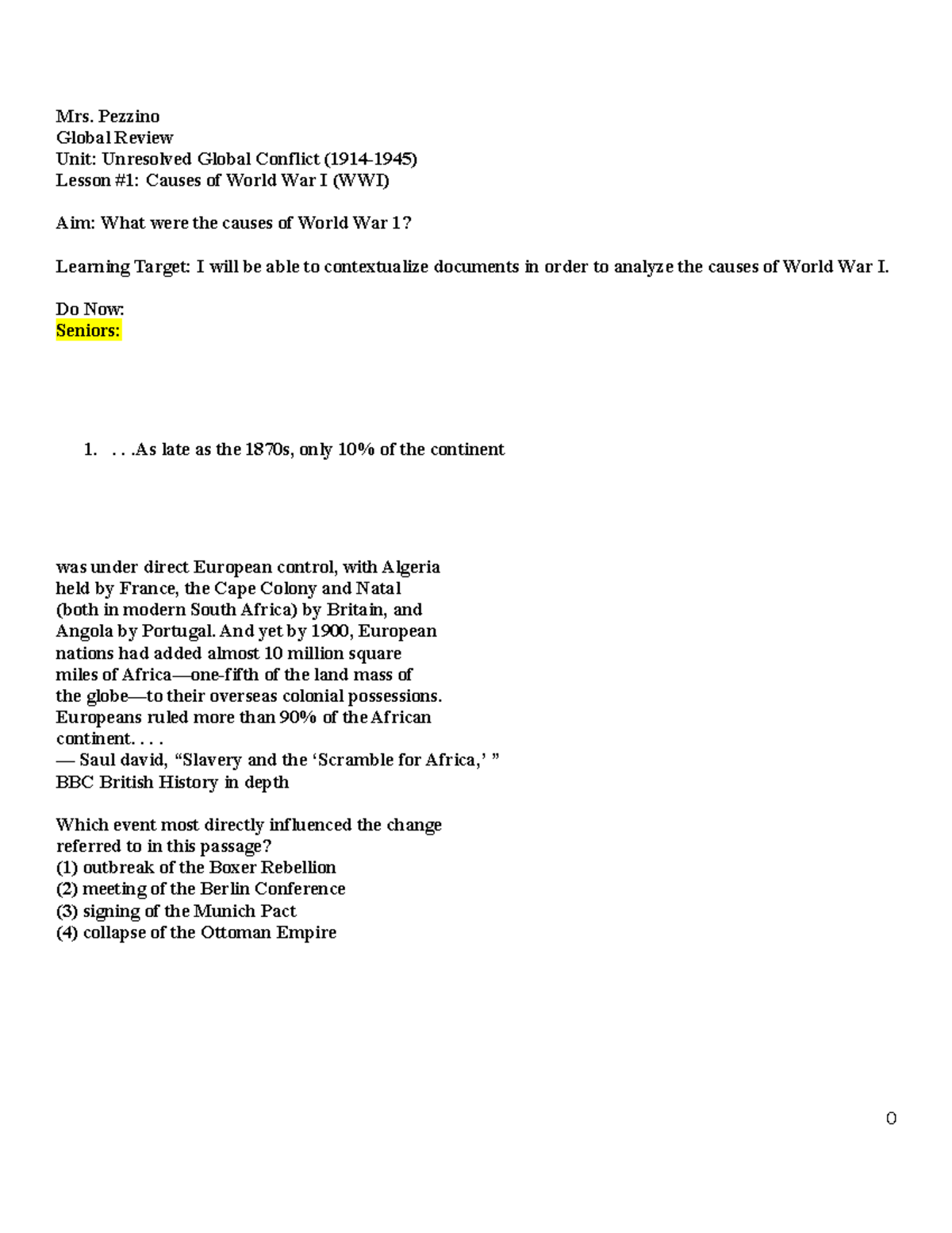 10.5 Causes of WWI - World War I - Mrs. Pezzino Global Review Unit ...