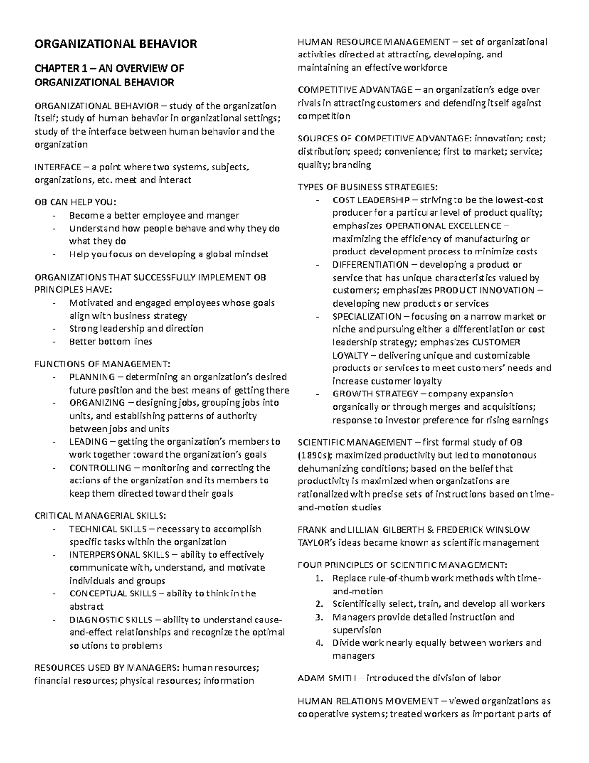 ORGBEV Chapters 1 - 4 - ORGANIZATIONAL BEHAVIOR CHAPTER 1 – AN OVERVIEW ...