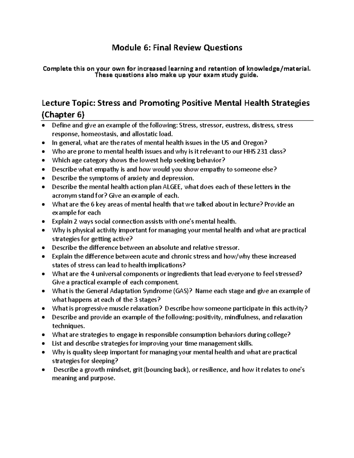 Module 6 Exam Study Guide Promoting Positive Mental Health - Module 6 ...