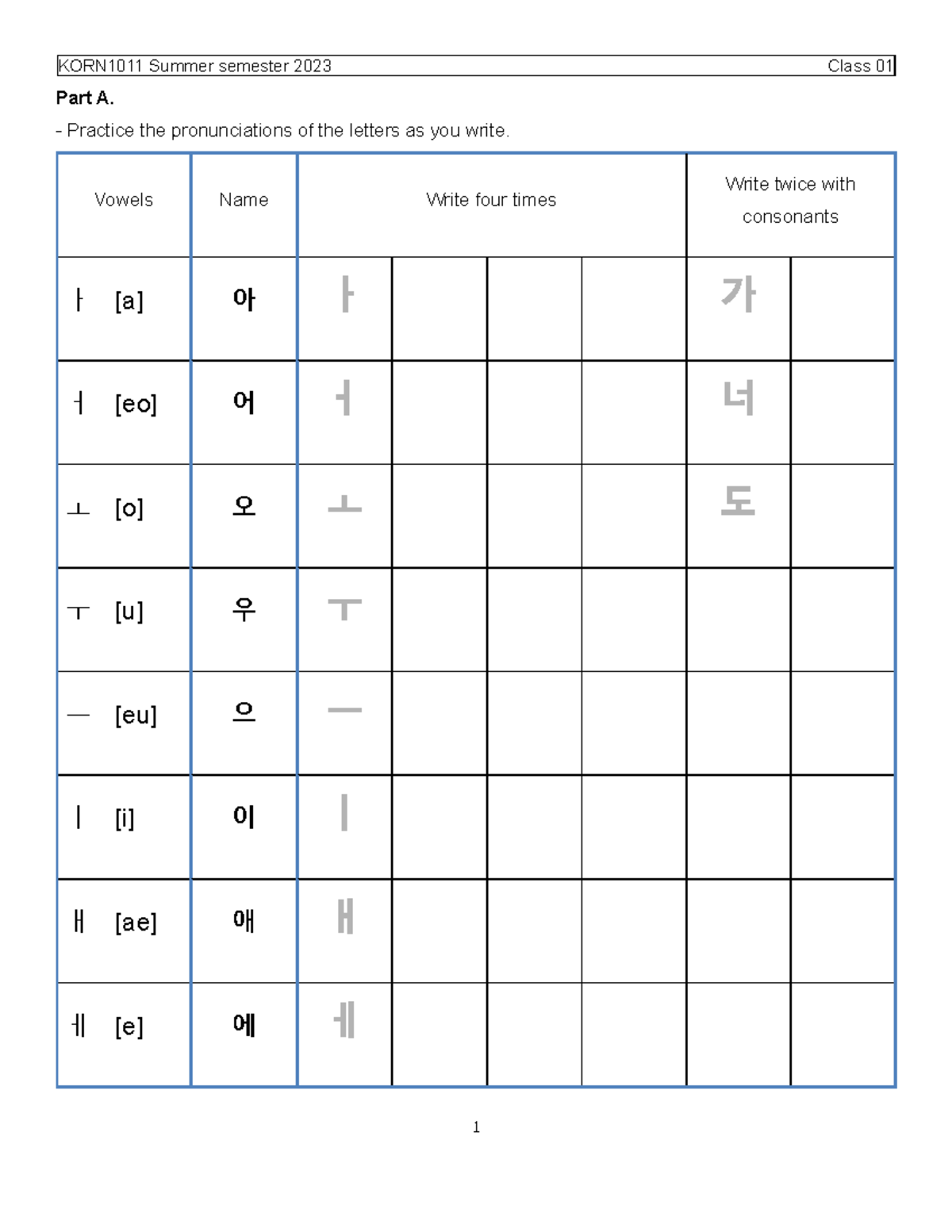 KORN1011 INCLASS1 WORKSHEET - Part A. Practice the pronunciations of ...
