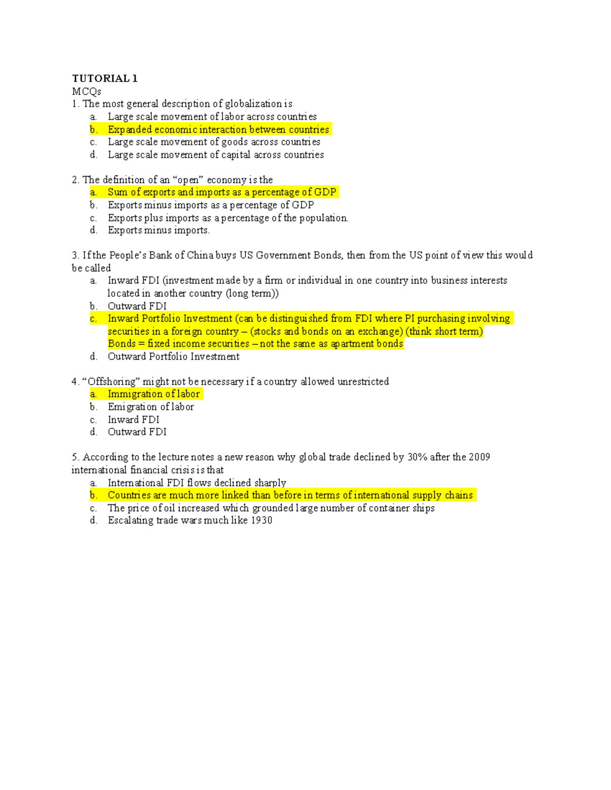International Trade Tutorial Answers 2019 - TUTORIAL 1 MCQs The most ...