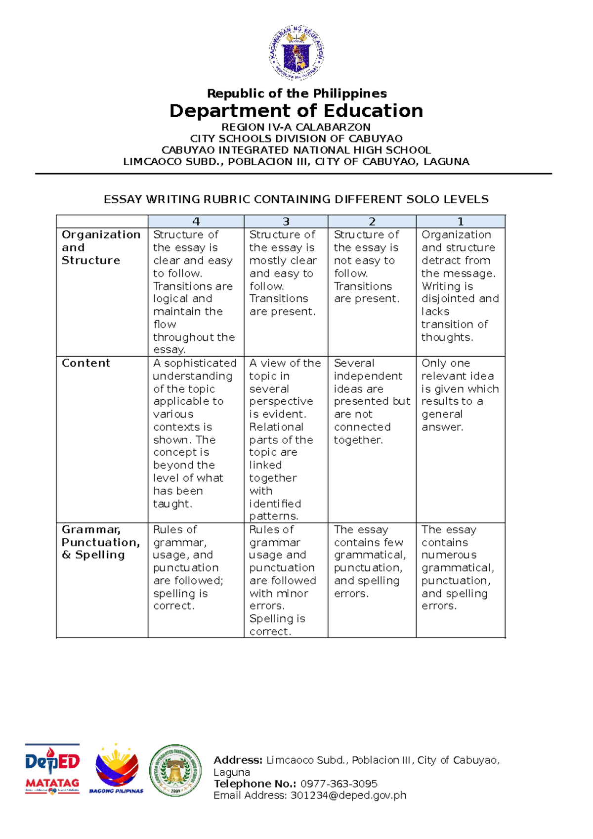 SOLO Rubric FOR Essays - Address: Limcaoco Subd., Poblacion III, City ...