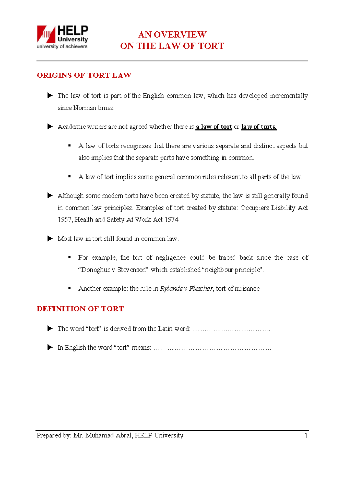 Law of tort - overview - sgs - ON THE LAW OF TORT ORIGINS OF TORT LAW X ...