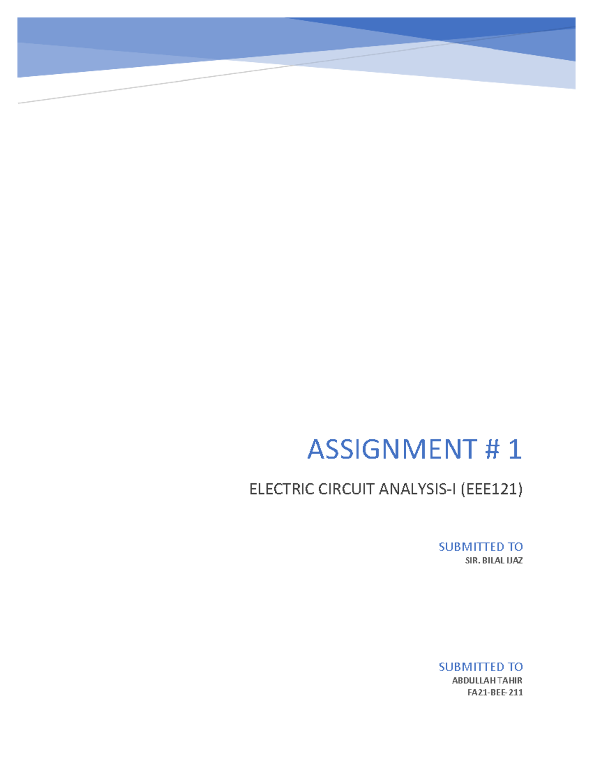 Assignment # 1 electric circuit and the analysis -I assignment # 1 ...