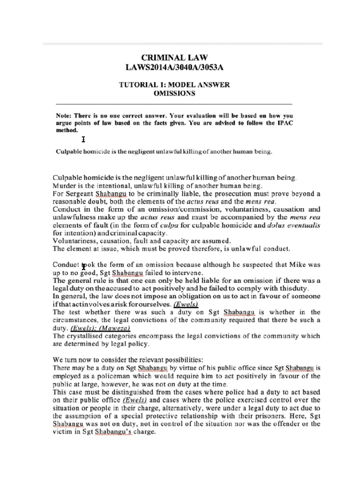 Criminal Law Tut 1 -Conduct_ Answer - CRIMINAL LAW TUTORIAL 1: MODEL ...
