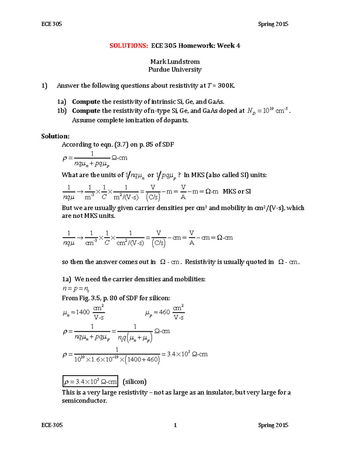 Week4HW S15 Solutions - Answer to solid state physics - SOLUTIONS: ECE ...