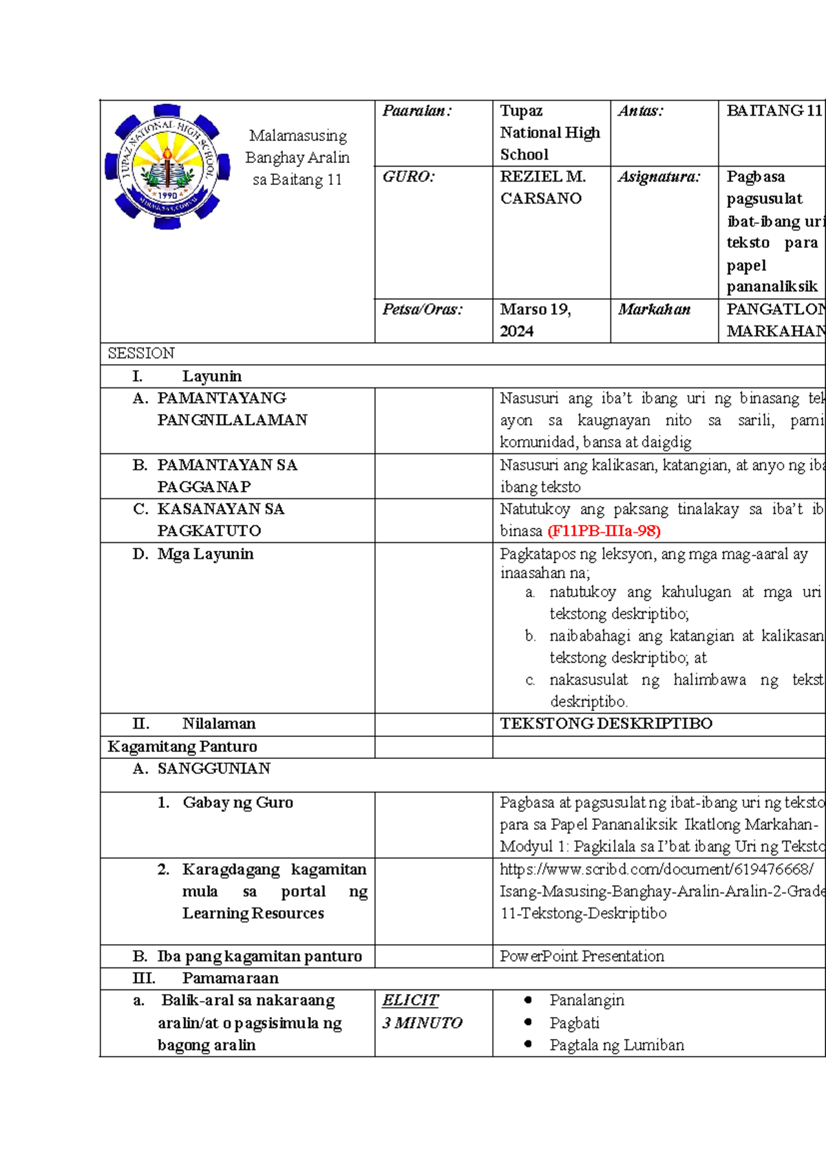 DLP- Deskriptibo - Impormatibing teksto lesson plan - Paaralan: Tupaz National High School Antas ...