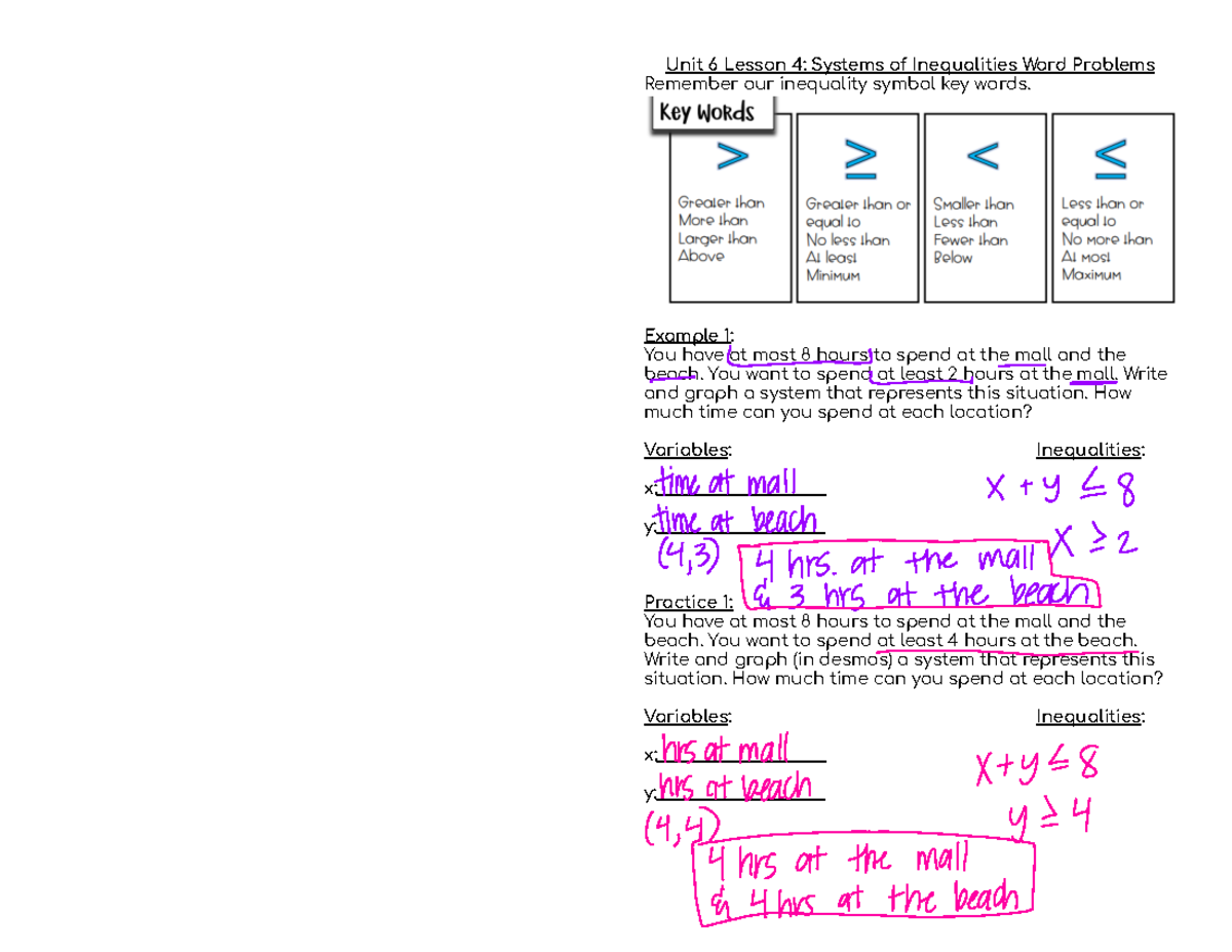 Unit 6 Lesson 4 Systems of Inequalities Word Problems (22-23) - Unit 6 ...