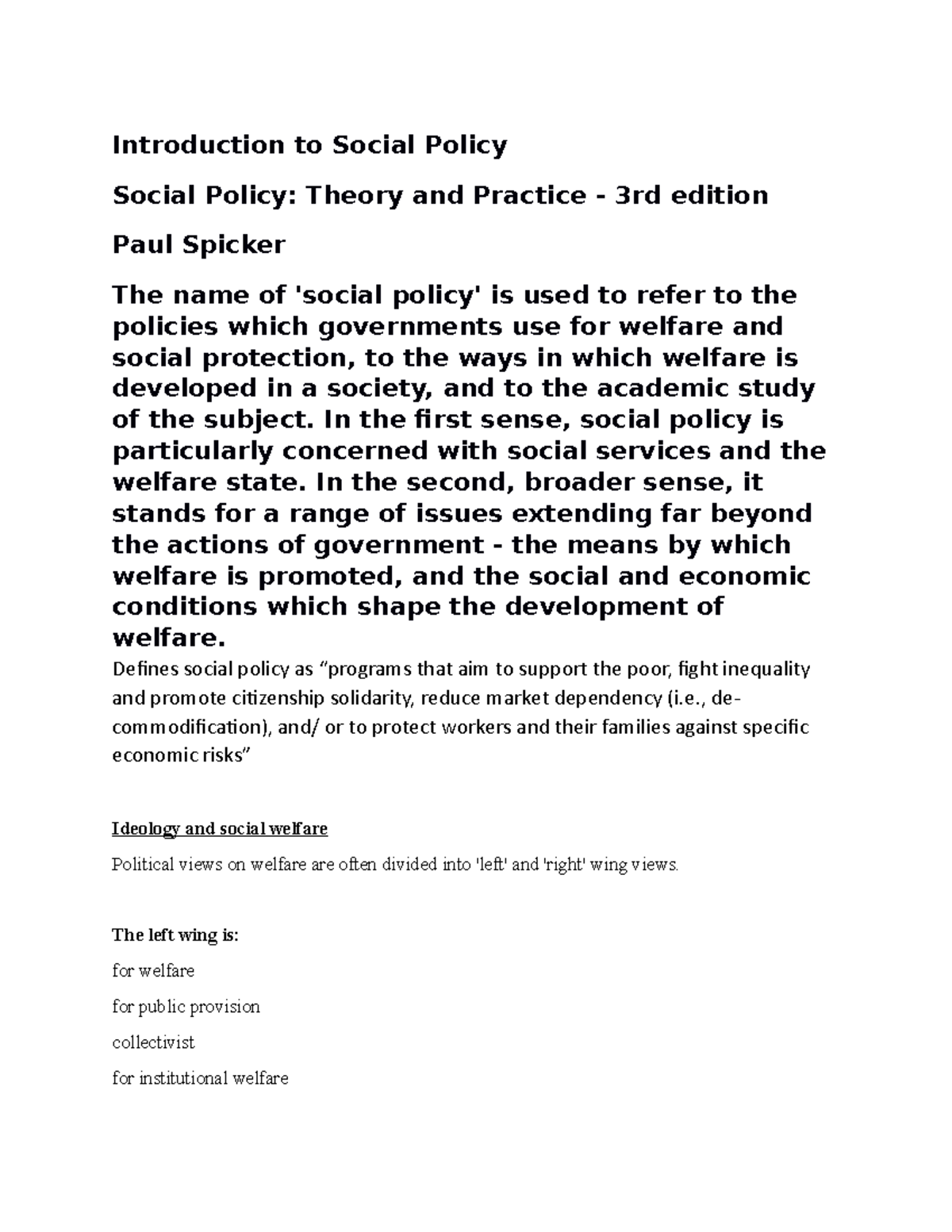 Introduction to Social Policy - Introduction to Social Policy Social ...