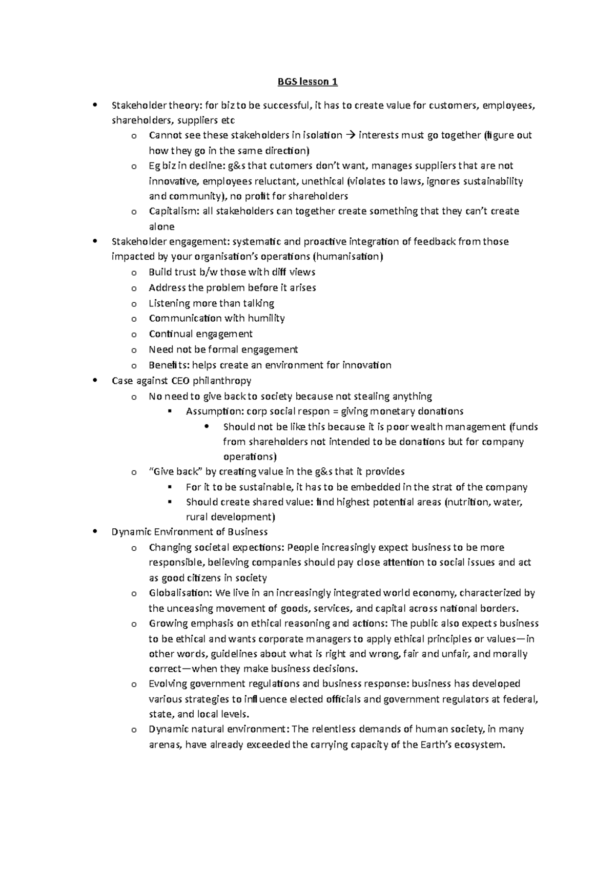 BGS lesson 1 notes - BGS lesson 1 Stakeholder theory: for biz to be ...