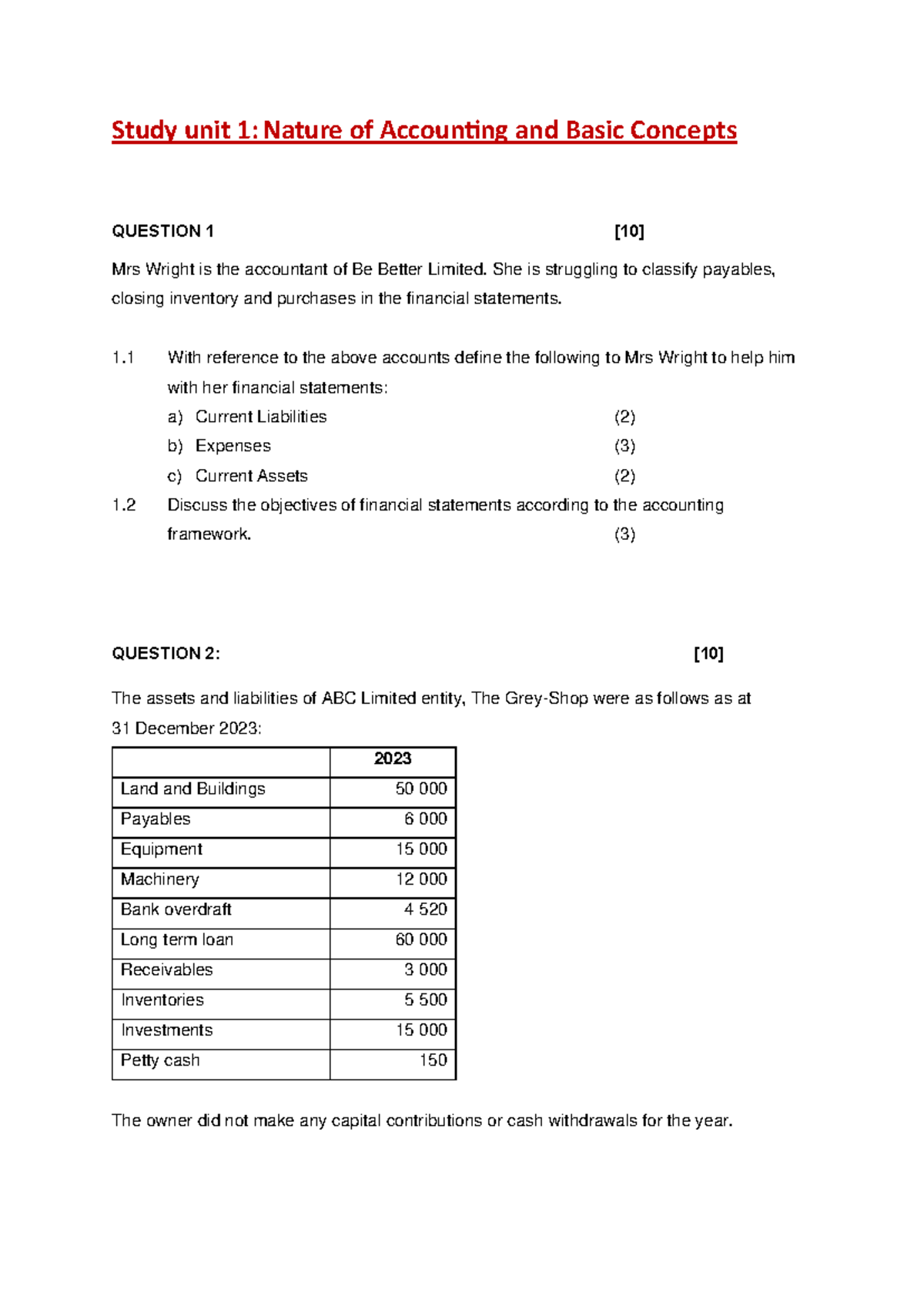 Study unit 1 - Practice questions accounting 1 - Study unit 1: Nature ...