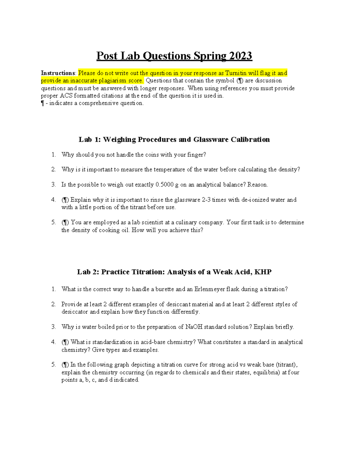 Post Lab Questions S24 - lab manual - Post Lab Questions Spring 2023 Instructions: Please do not ...