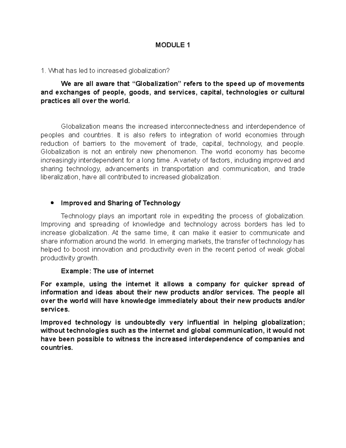 Globalization - MODULE 1 What has led to increased globalization? We ...