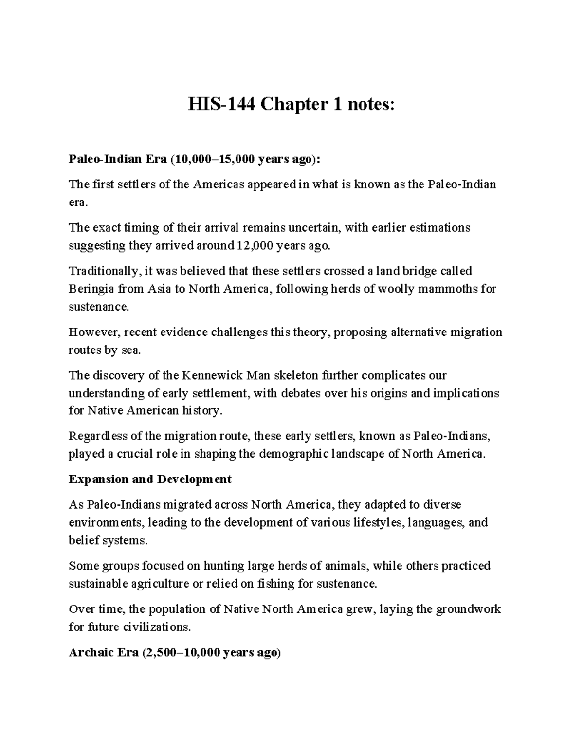HIS-144 Chapter 1 notes - HIS-144 Chapter 1 notes: Paleo-Indian Era ...