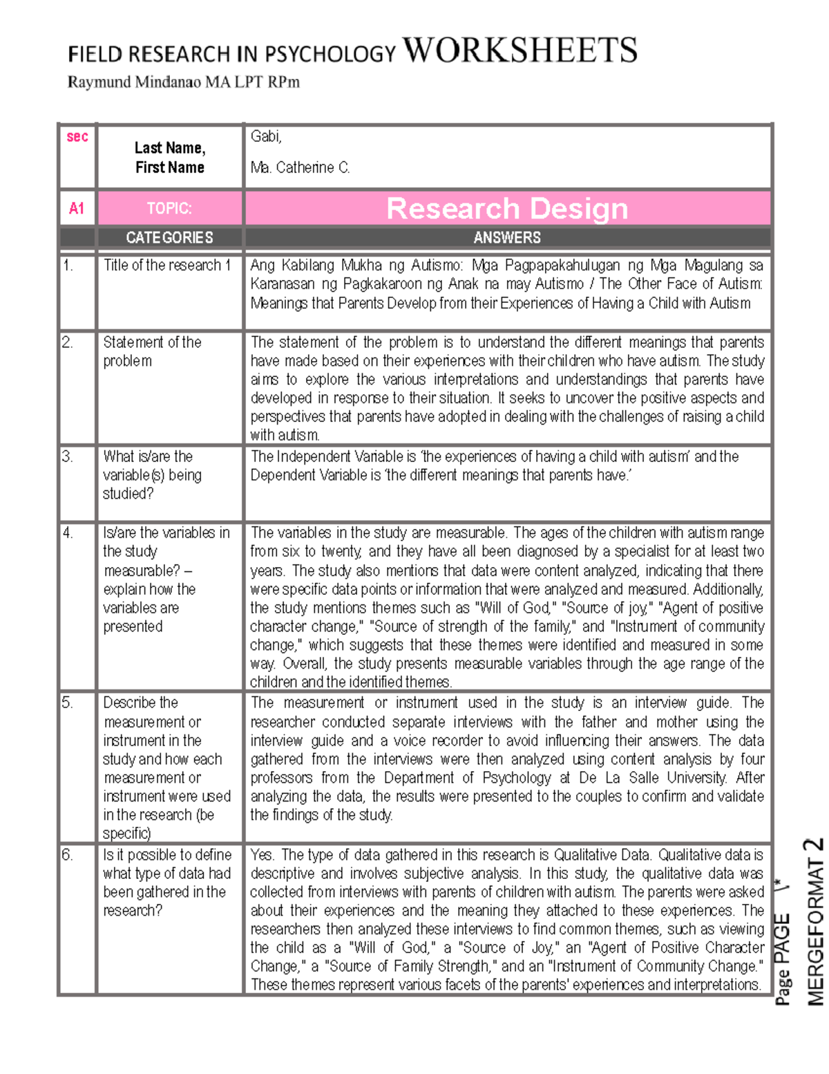 Midterm- Worksheet - None - sec Last Name, First Name Gabi, Ma. Catherine C. A1 TOPIC: Research ...