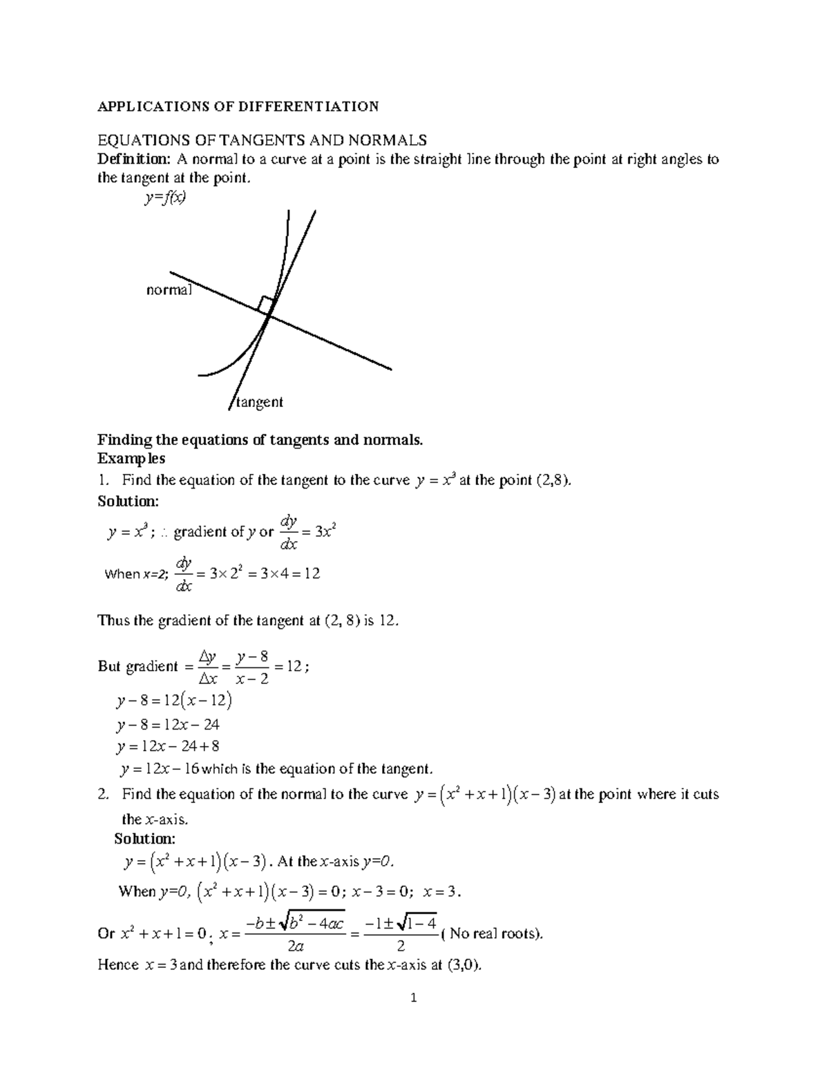 Pdf SMA 104 Lecture 9( Tangents, Normals, Small Changes) - APPLICATIONS ...