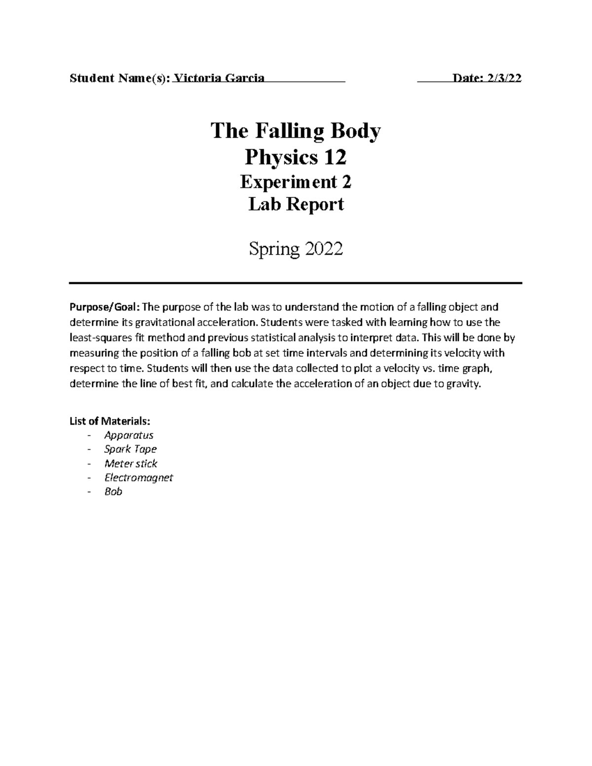 Introduction to Physics Lab - PHY 012 - Experiment #2: The Falling Body ...