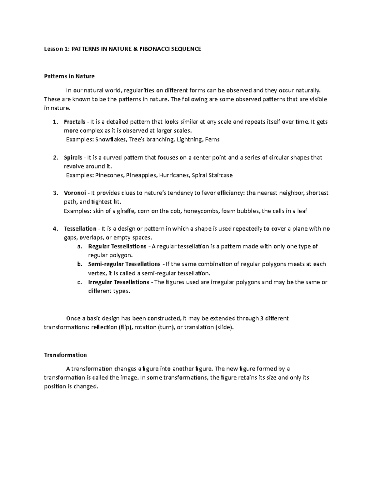 Lesson 1 - Mathematics in Modern World - Lesson 1: PATTERNS IN NATURE & FIBONACCI SEQUENCE - Studocu