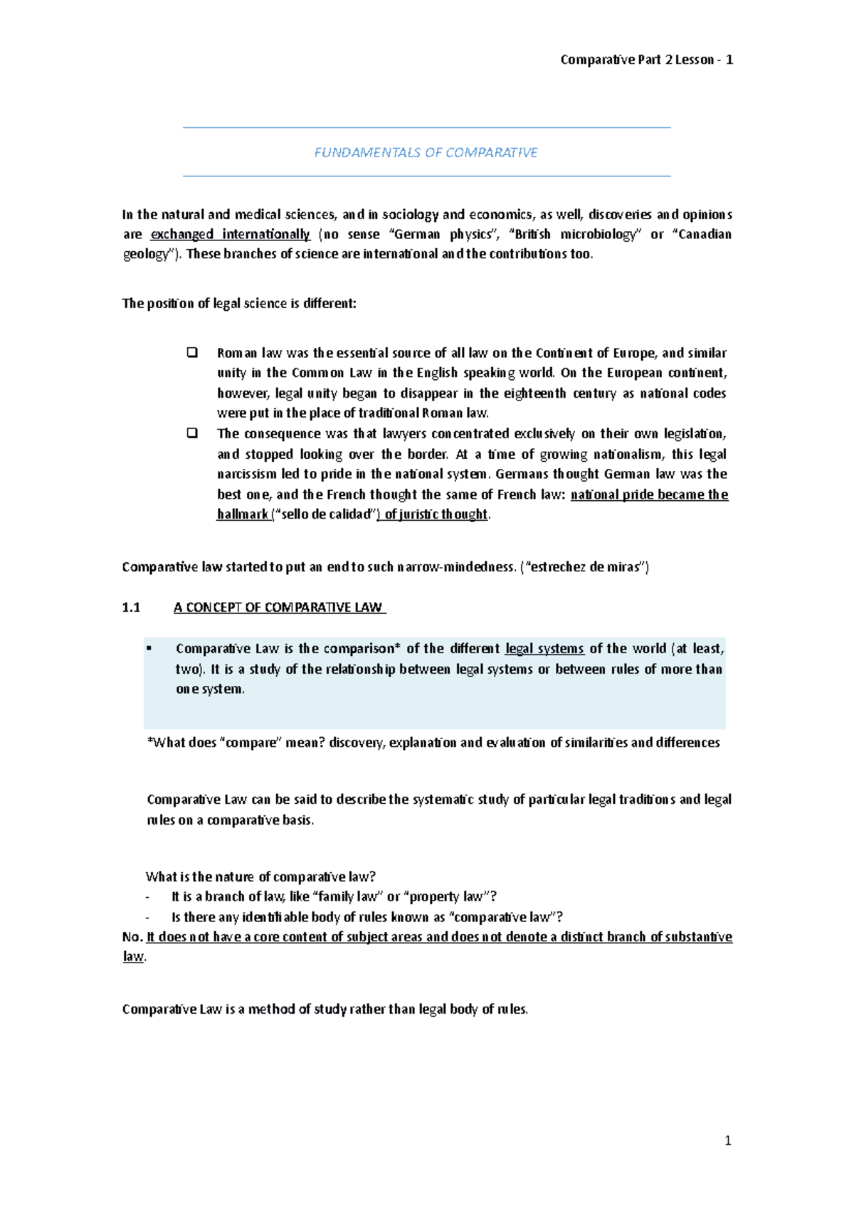 Fundamentals of Comparative law Tema - 1 - Comparative Part 2 Lesson ...