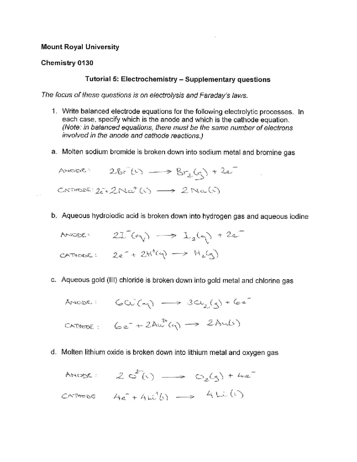 Chem 0130 Tutorial 5 supplement key - Chem 0130 - Studocu