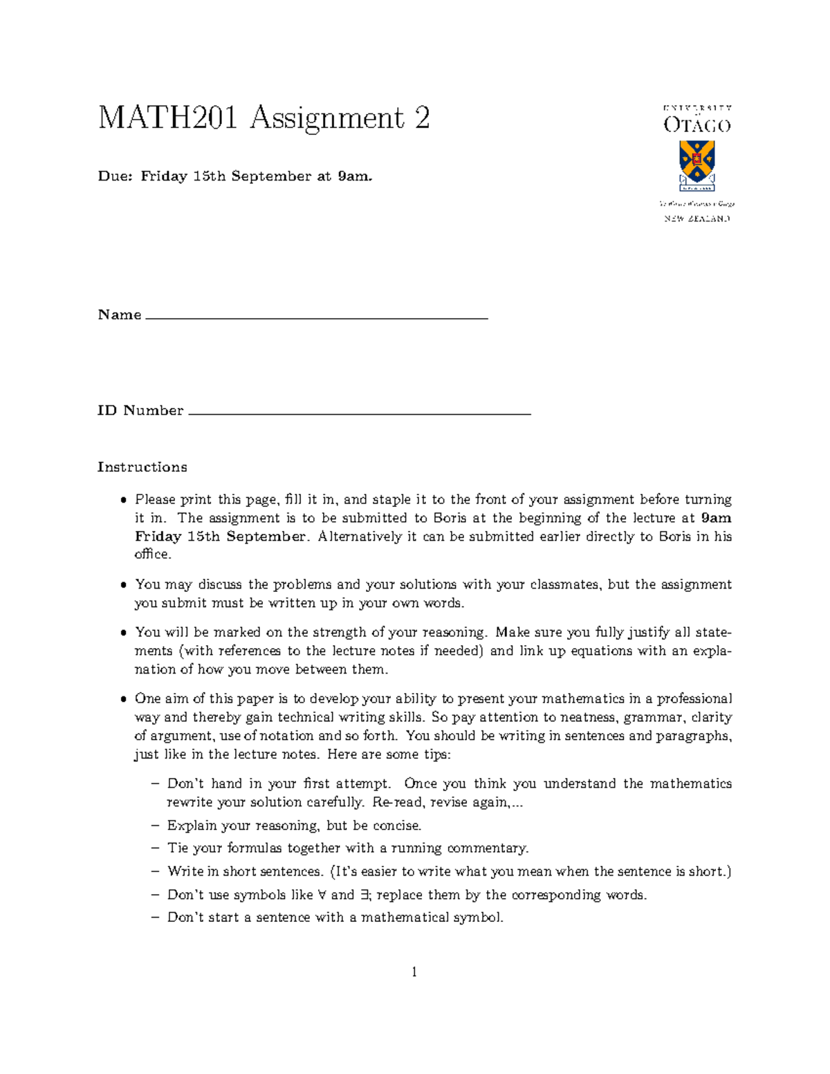 Assignment 2 - assigment 2 - MATH201 Assignment 2 Due: Friday 15th ...