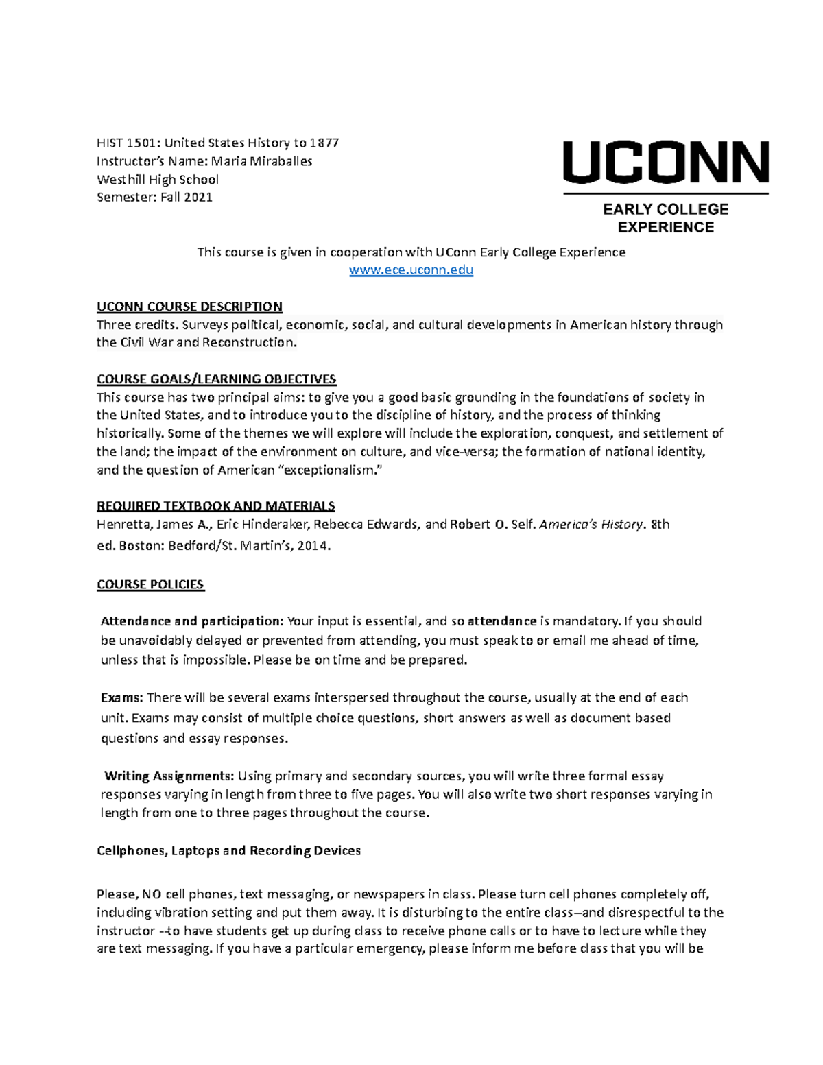 Uconn ECE Fall 2021 History 1501 - HIST 1501: United States History to ...