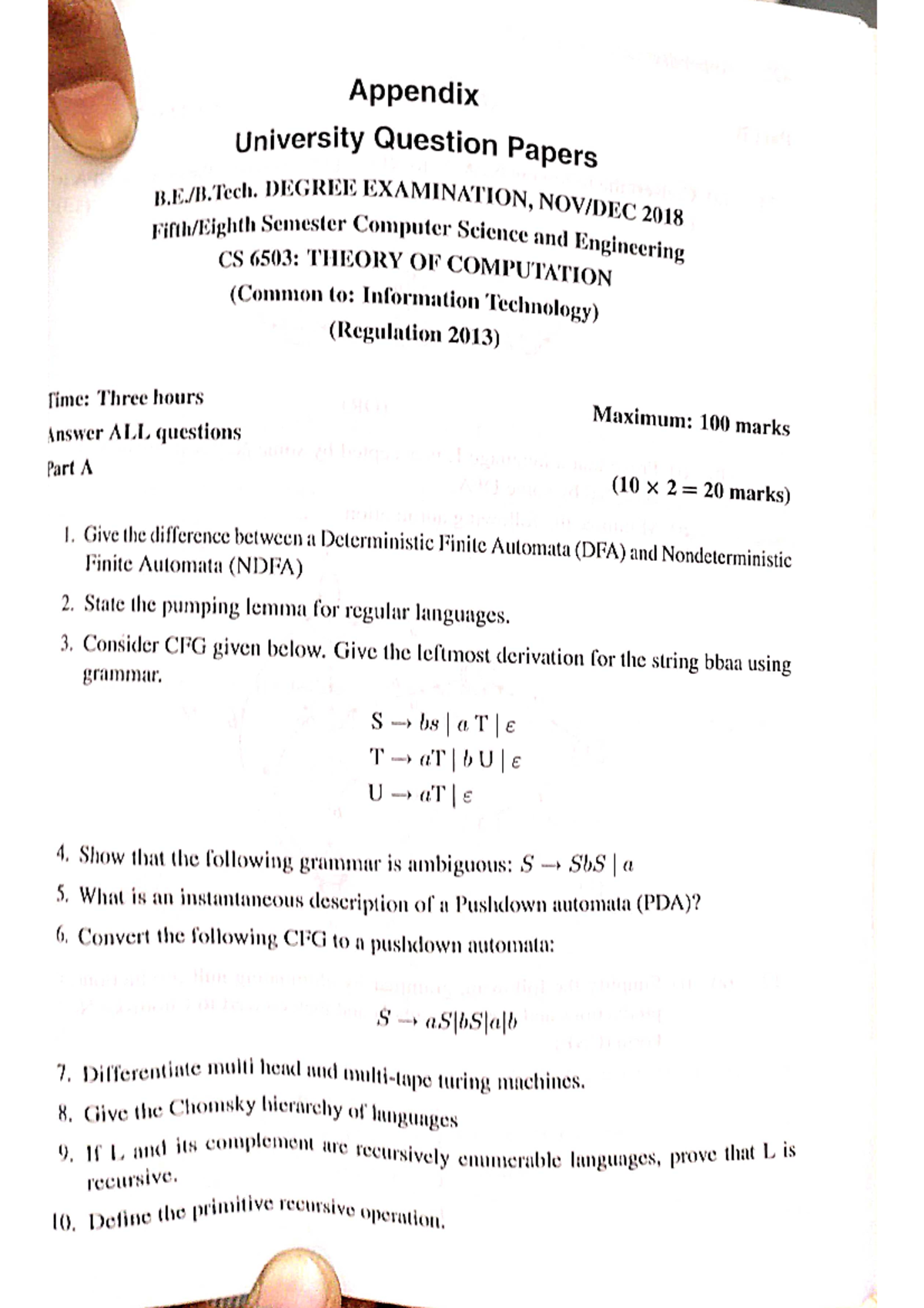 AT Question Papers - Automata, Languages & Computation - Studocu