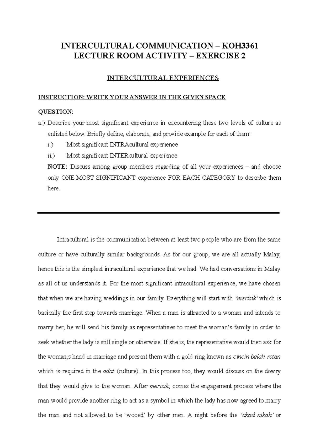 KOH3361 - Exercise 2 PDF - INTERCULTURAL COMMUNICATION – KOH LECTURE ...