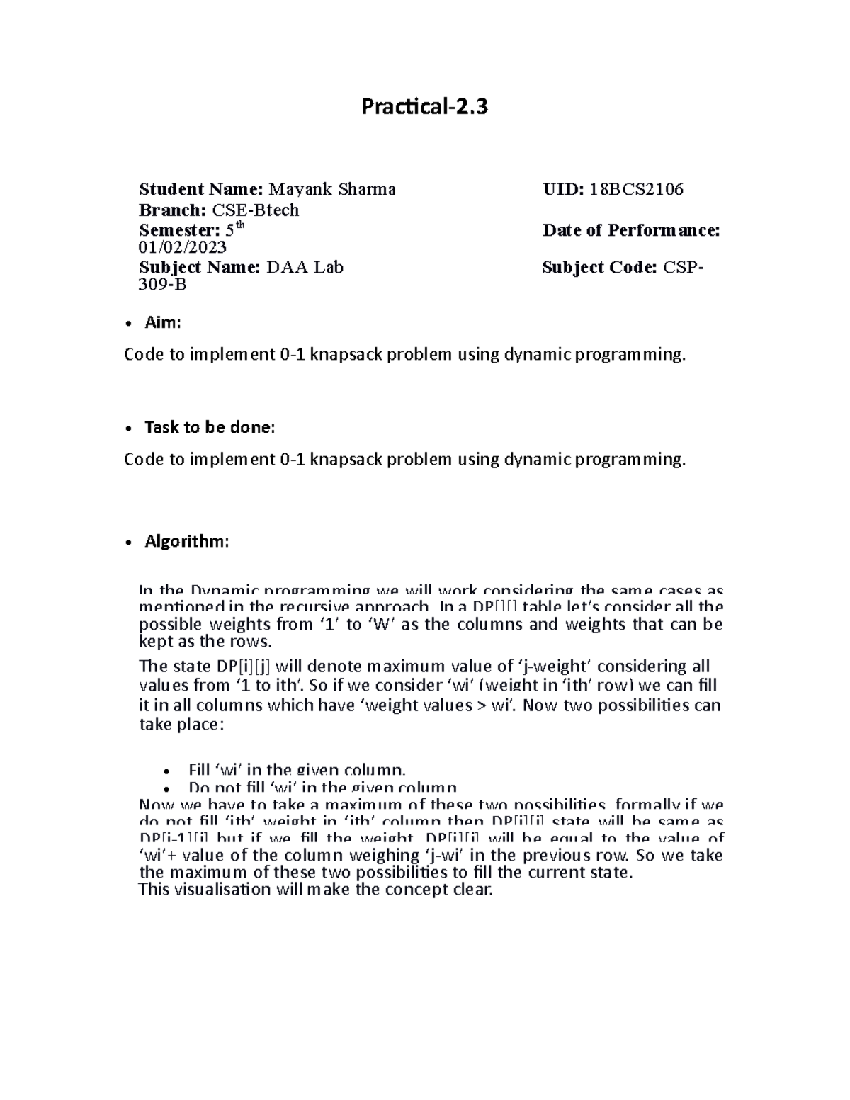 DAA EXP2 - Practical-2. Student Name: Mayank Sharma UID: 18BCS Branch: CSE-Btech Semester: 5 th ...
