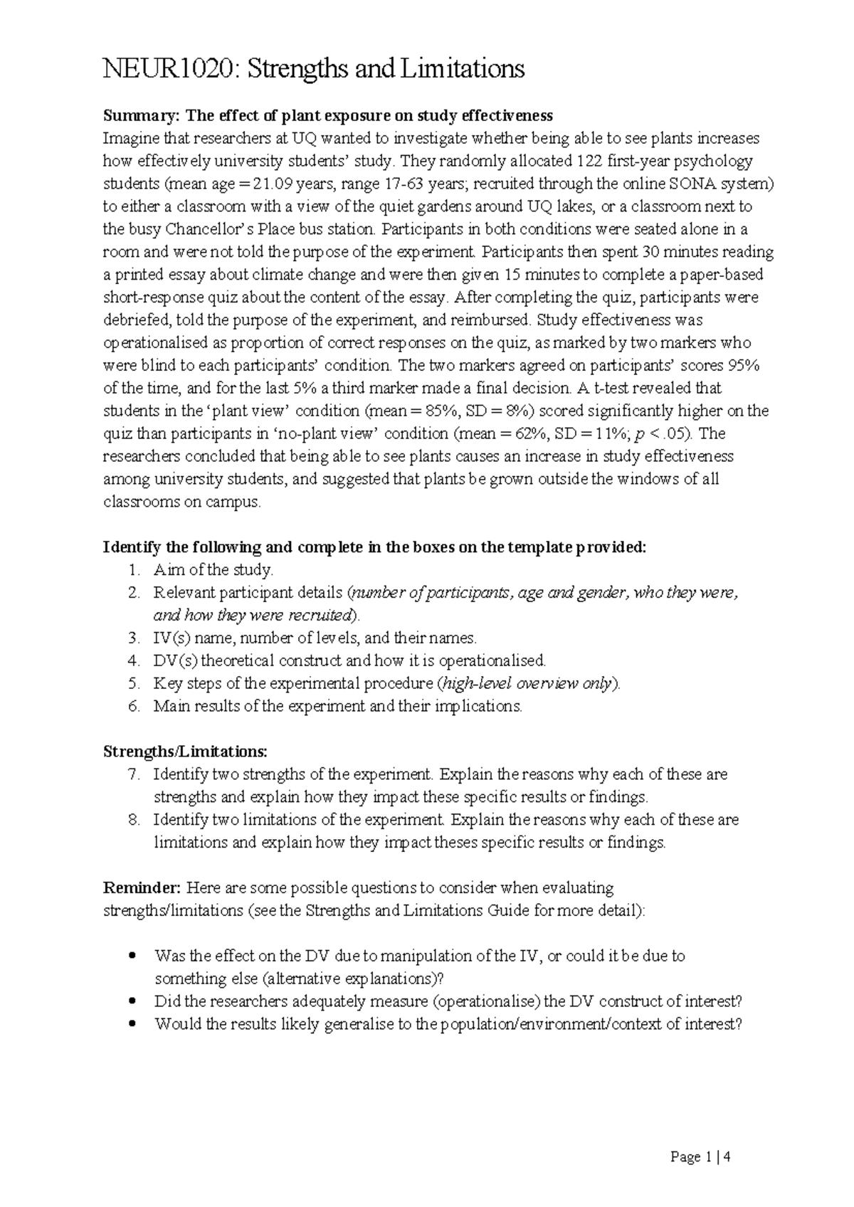 Worksheet Questions - Strengths and Limitations - Summary: The effect ...