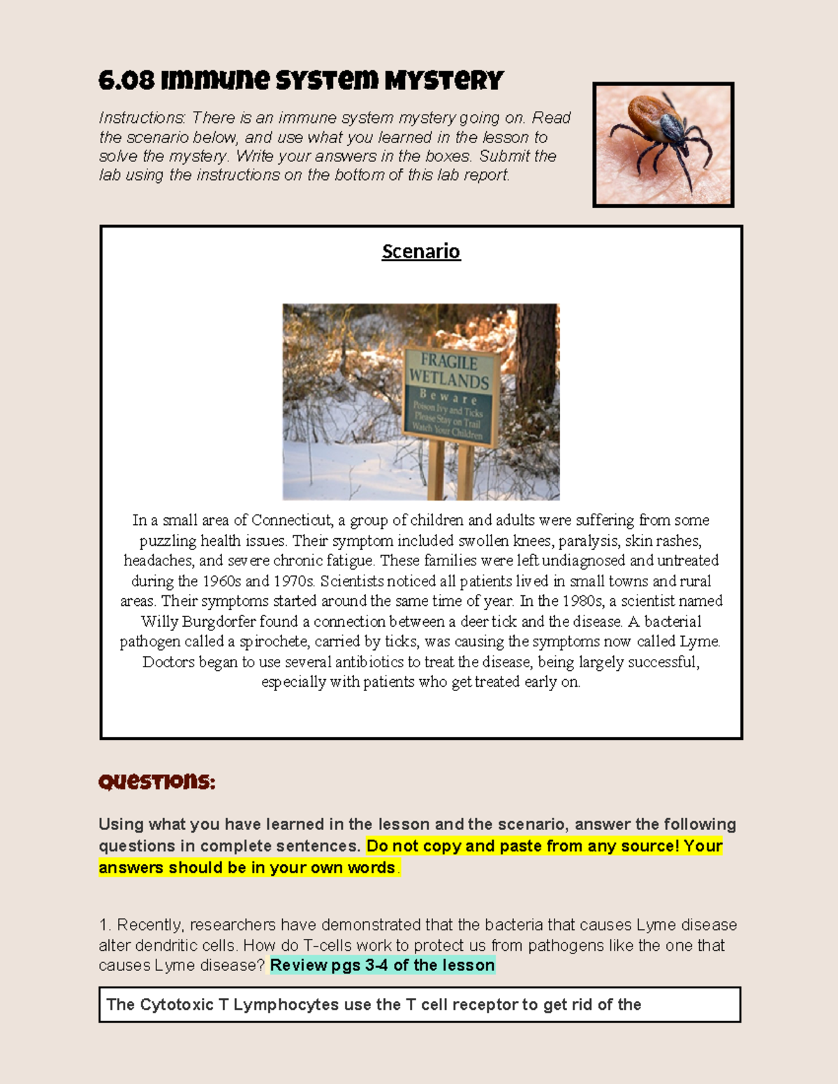 Copy of 6 08 immune system mystery assignment - 6 Immune System Mystery ...