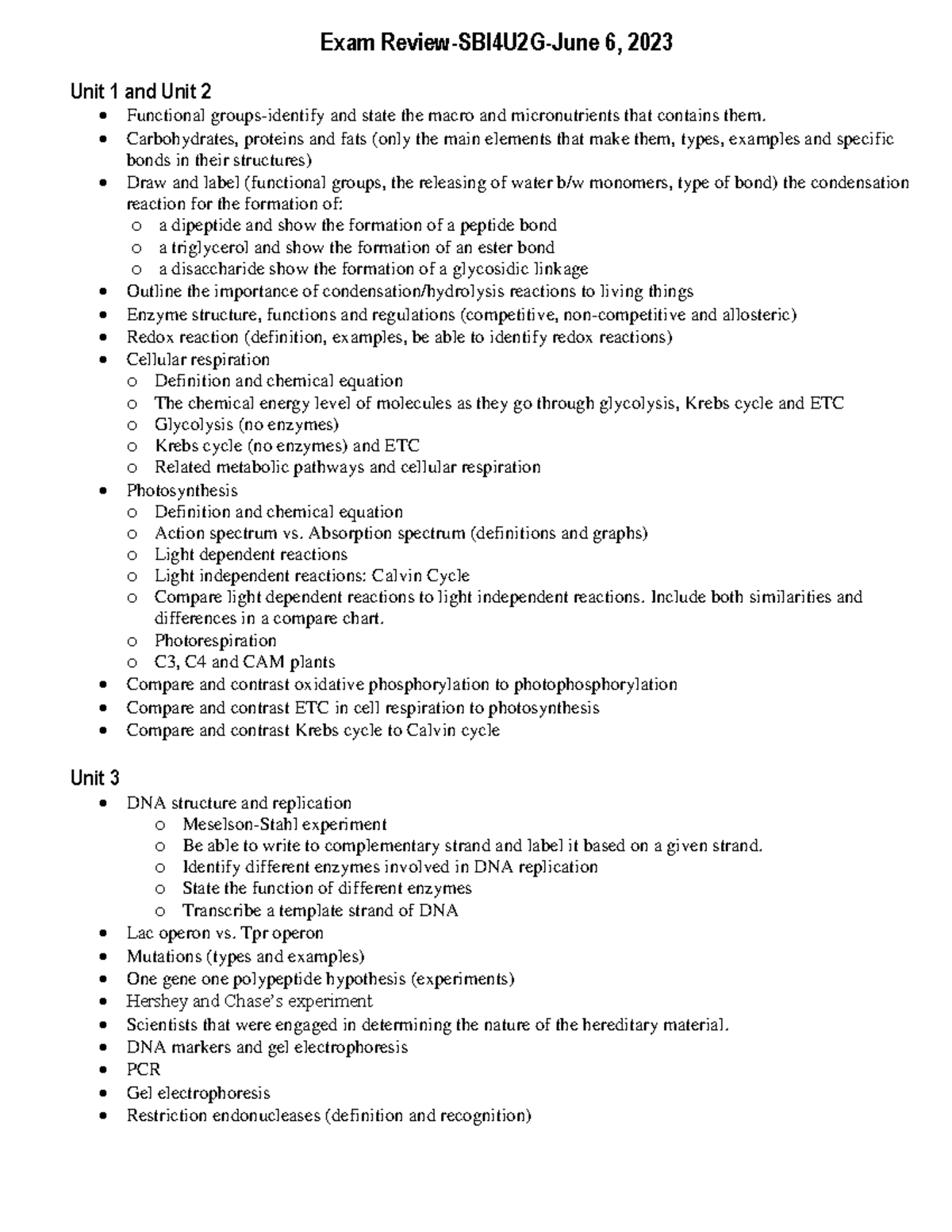 Exam Review - Exam Review-SBI4U2G-June 6, 2023 Unit 1 and Unit 2 ...