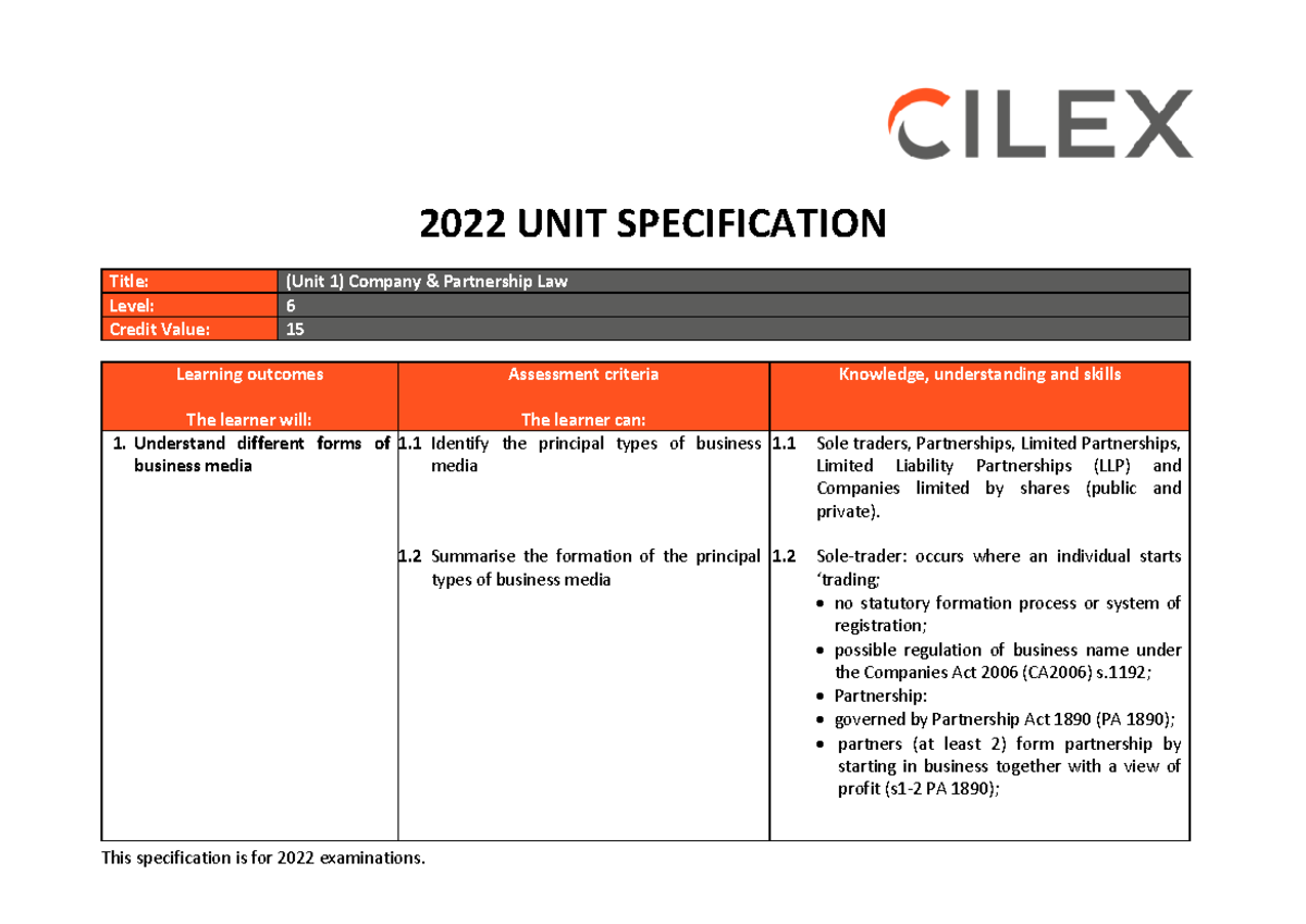 Cilex Business - 2022 UNIT SPECIFICATION Title: (Unit 1) Company ...