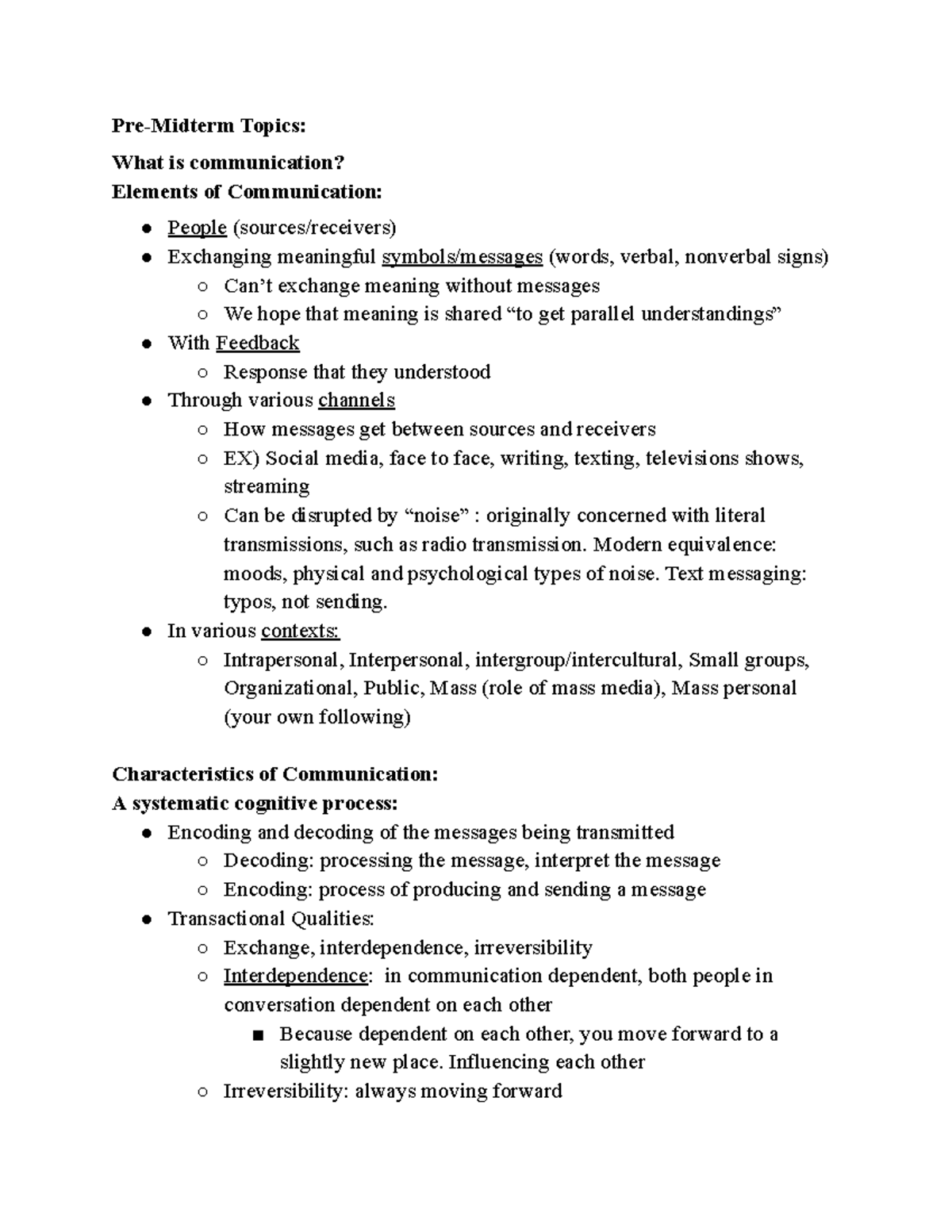Extra. COMM 1 Midterm Study Guide - Pre-Midterm Topics: What is communication? Elements of - Studocu