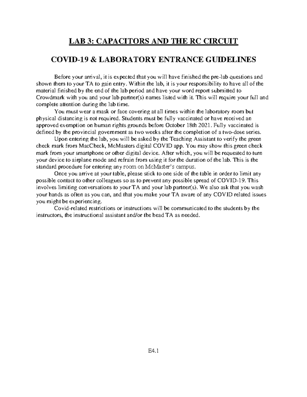 Lab3 manual - ndf - LAB 3: CAPACITORS AND THE RC CIRCUIT COVID-19 & LABORATORY ENTRANCE - Studocu