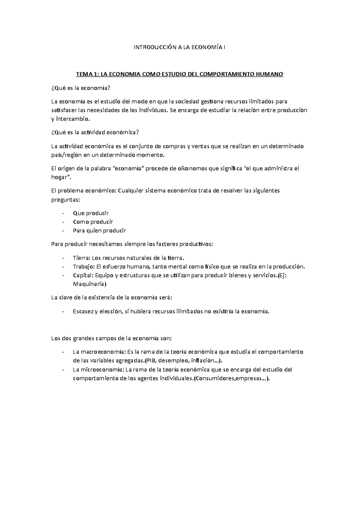 Introducción A LA Economía II - INTRODUCCIÓN A LA ECONOMÍA I TEMA 1: LA ECONOMIA COMO ESTUDIO ...
