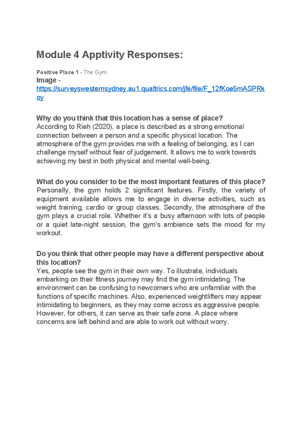 Workbook 1 - Module 4 Apptivity Responses: Positive Place 1 - The Gym ...