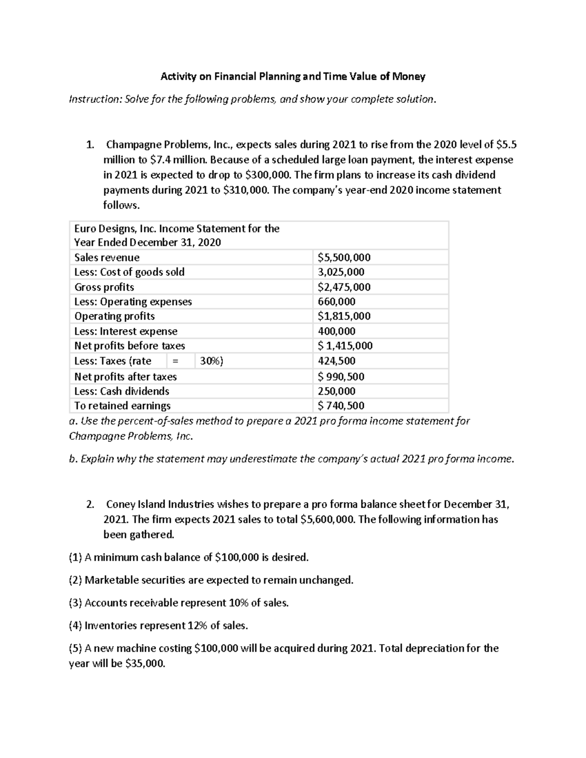 Activity on Financial Planning and Time Value of Money - Activity on ...