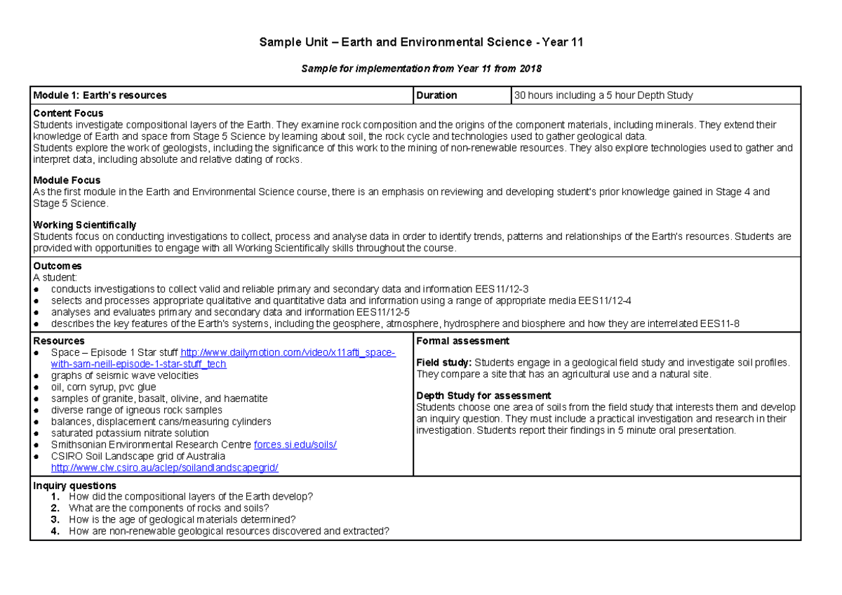 ees notes sample - Sample Unit – Earth and Environmental Science - Year ...